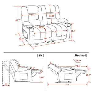 MCombo 55.9" Power Loveseat Recliner with Heat and Vibration, Fabric Electric Loveseat Recliner, USB Charge Port, Cup Holders for Living Room PR648 (Grey)