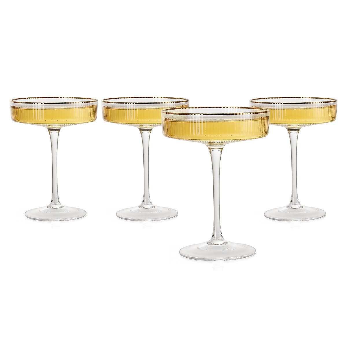Ribbed Coupe Glasses With Gold Rim, For Martini, Champagne, Cocktails | Set of 4 | 8 oz Classic Manhattan Glasses Speakeasy Cocktail, Ripple Coupes Glasses, Art Deco Gatsby Vintage, Crystal Stemmed