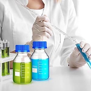 Chuarry 16 Pieces Media Storage Bottles Borosilicate Storage Glass Bottle Scientific Round Graduated Media Bottle with Blue Gl45 Screw Cap for Lab Water Reagent Liquids (250 ml)