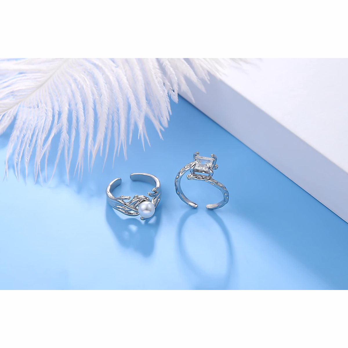 Gbinitail 4Pcs Nature-Inspired Adjustable Silver Ring Set - Platinum-Plated Stackable Rings with Zirconia, Pearl, Twig & Chain Details for a Unique Aesthetic, Size 5.5-7.5