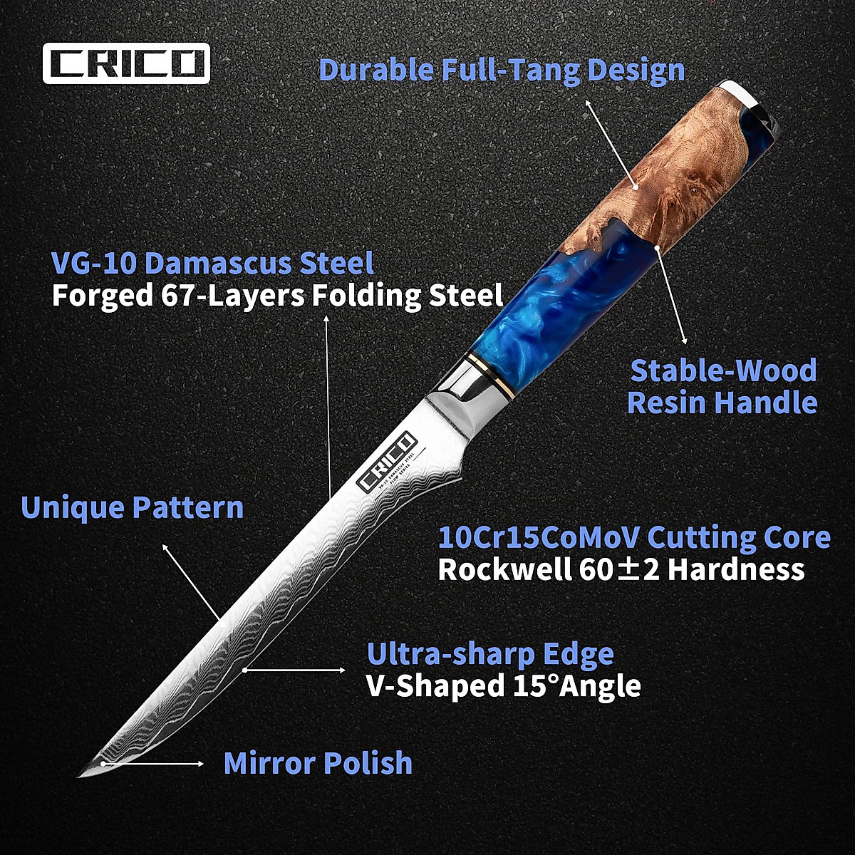 CRICO Boning Knife 5.5 inch Flexible Fillet Knives, VG10 Damascus Super Steel Forged 67-Layers, Full Tang Wood&Resin Handle, Gift Box - Flow Series