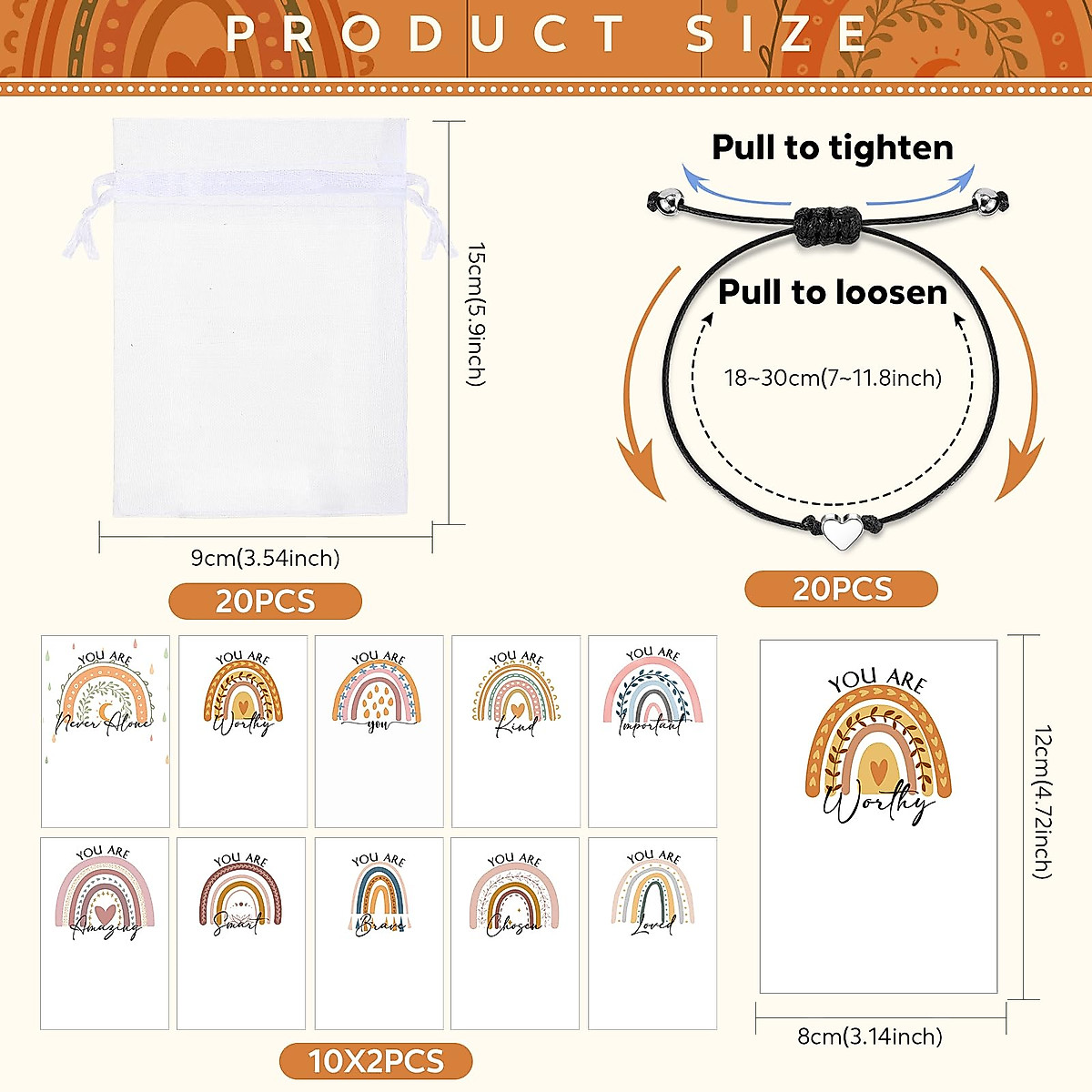 Fumete 20 Sets Inspirational Encouragement Gifts Bulk Employee Appreciation Gift for Women Heart String Bracelets with Cards Bags for Female Coworker Friend(Black)