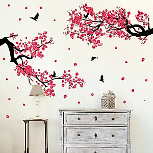 WOYINIS 3D Cherry Blossom Wall Stickers, Tree Branch Birds and Falling Flowers Petals Wall Decals, Peel & Stick Women Girls Bedroom Wall Decals Stickers Art for Living Room Bedroom Office Wall Decor
