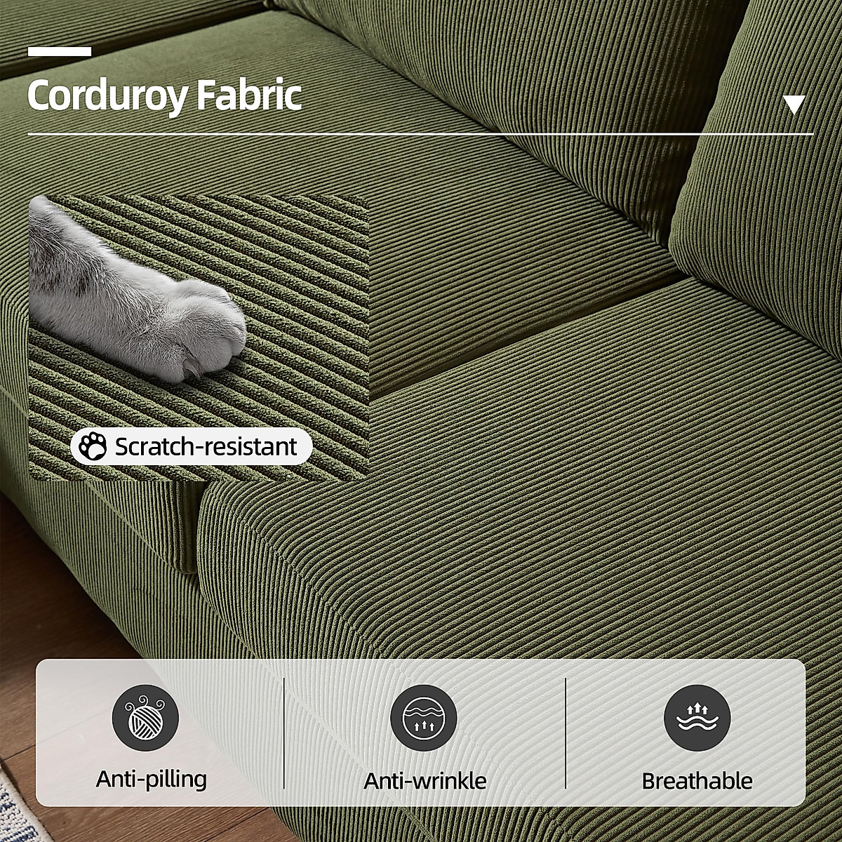 POUUIN 100" Corduroy Convertible Sectional Sofa Couches for Living Room,3 Seater L Shaped Sofa Couch with Reversible Chaise,Comfy Deep Seat Sofa for Office Apartment (Green)