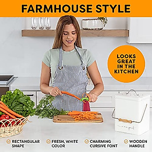 Compost Bin for Kitchen - Farmhouse Countertop Composting Container - 1.7 Gallon Carbon Steel Pail for Food Scraps - Metal Bucket with Lid, Wooden Handle & Charcoal Filter