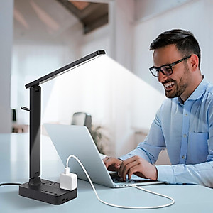 ELCBEAM LED Desk Lamp,Dimmable Table Lamp Reading Lamp with Charging Port and Outlet,3 Color Modes 3 Brightness Level,Touch Control,1H Timer,Eye Caring Office Lamp (Black)