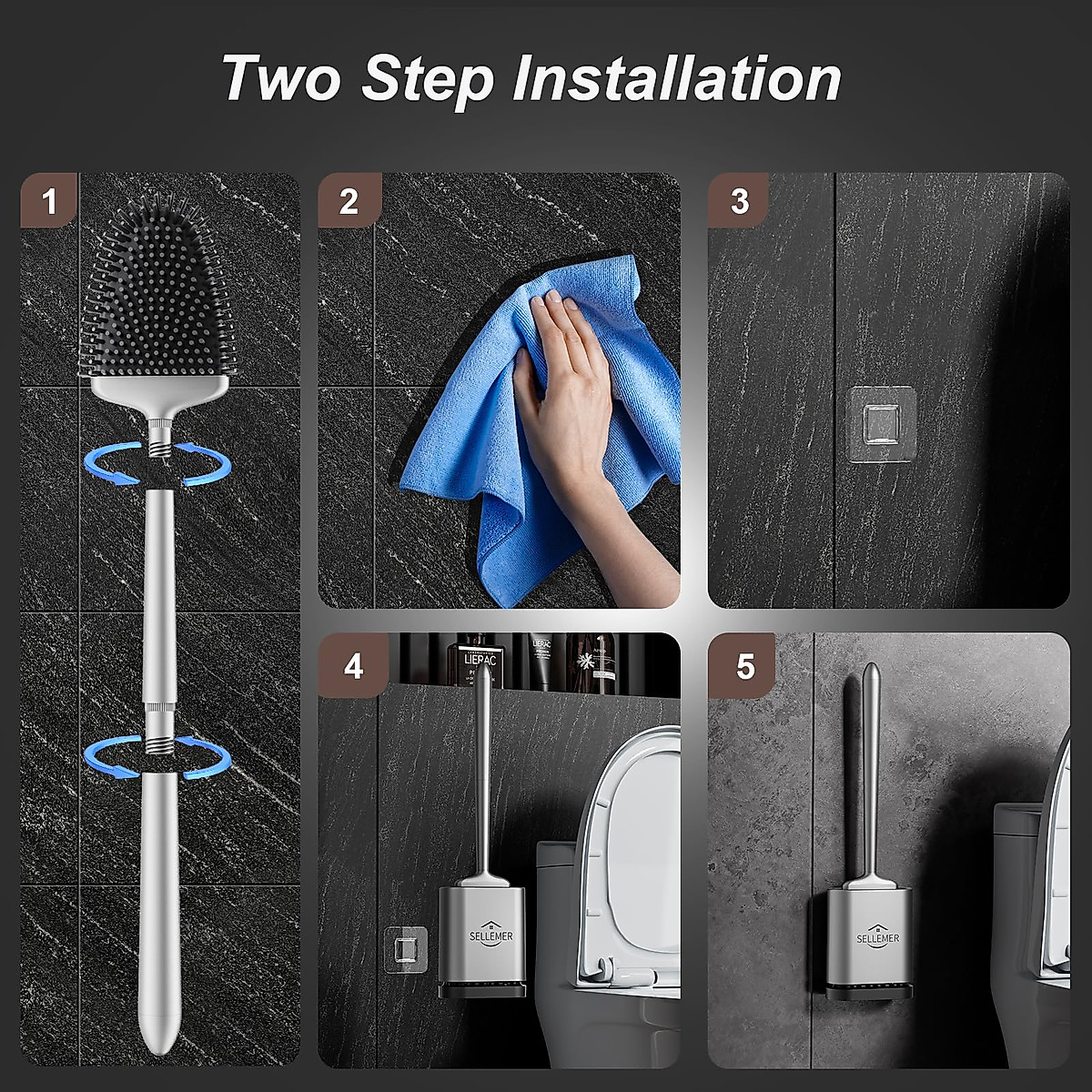 Sellemer Toilet Brush and Holder Set for Bathroom, Flexible Toilet Bowl Brush Head with Silicone Bristles, Compact Size for Storage and Organization, Ventilation Slots Base (Silver)