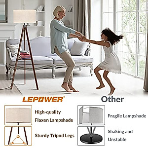 LEPOWER Tripod Floor Lamp, Mid Century Standing Lamp with Shelf, Modern Design Wood Floor Lamps for Living Room, Bedroom, Office, Flaxen Lamp Shade with E26 Lamp Base