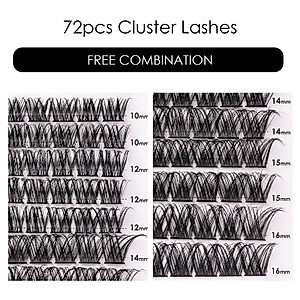 Cluster Lashes 72 Individual Lashes Clusters Eyelash Extensions False Eyelashes DIY Wispy Fluffy Lash Extension Kit Reusable False Eyelashes Natural Look Mix 10-16mm C D Curl-DM01