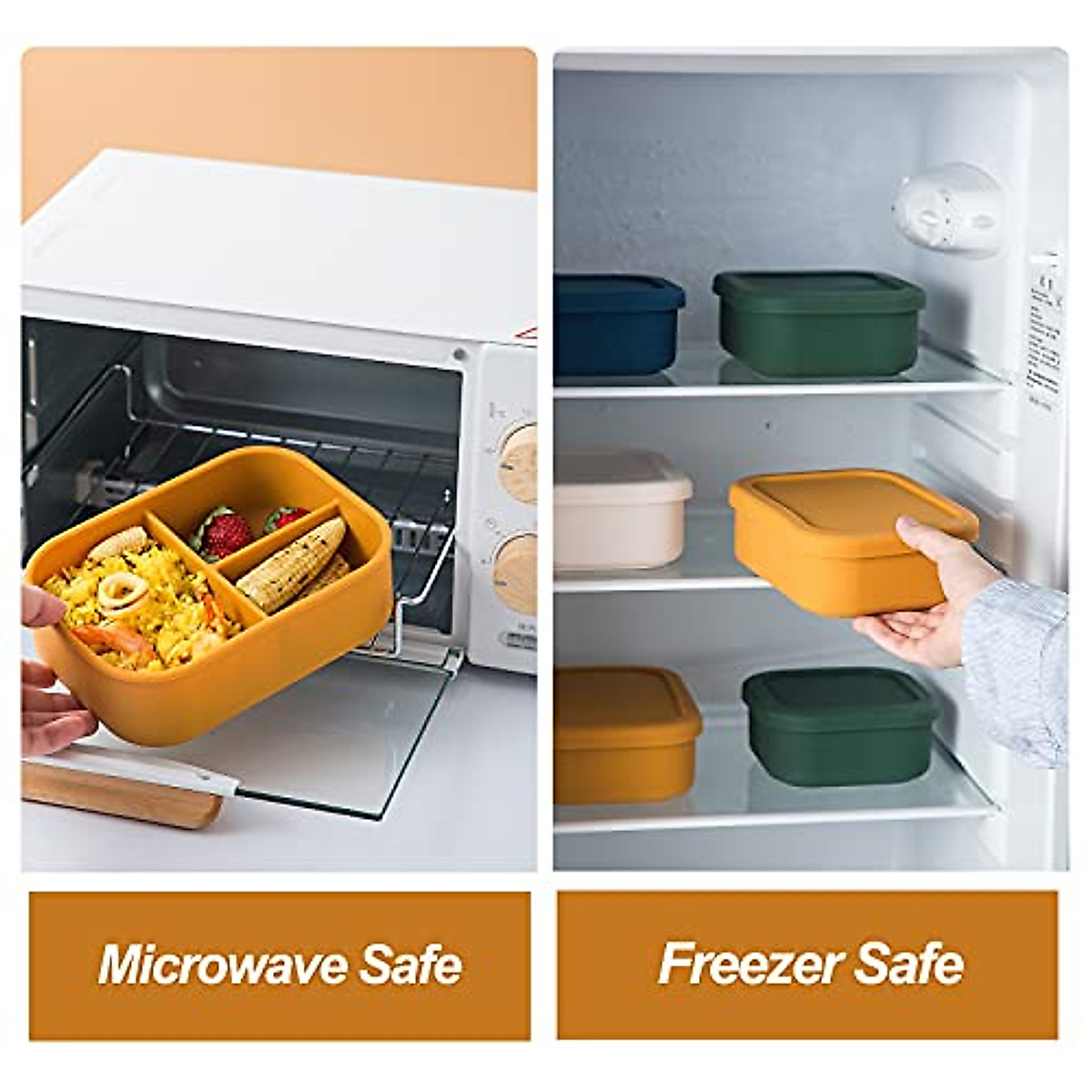 YFBXG Bento Lunch Box Container, Reusable Silicone Bento Lunch Container,Leak-Proof 3 Compartment Bento Box for Adult & kids, Microwave Safe (Green)