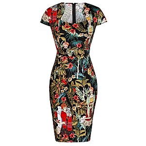 Women's 50s Vintage Printed Leaves Pencil Dress Cap Sleeve Wiggle Dress Medium