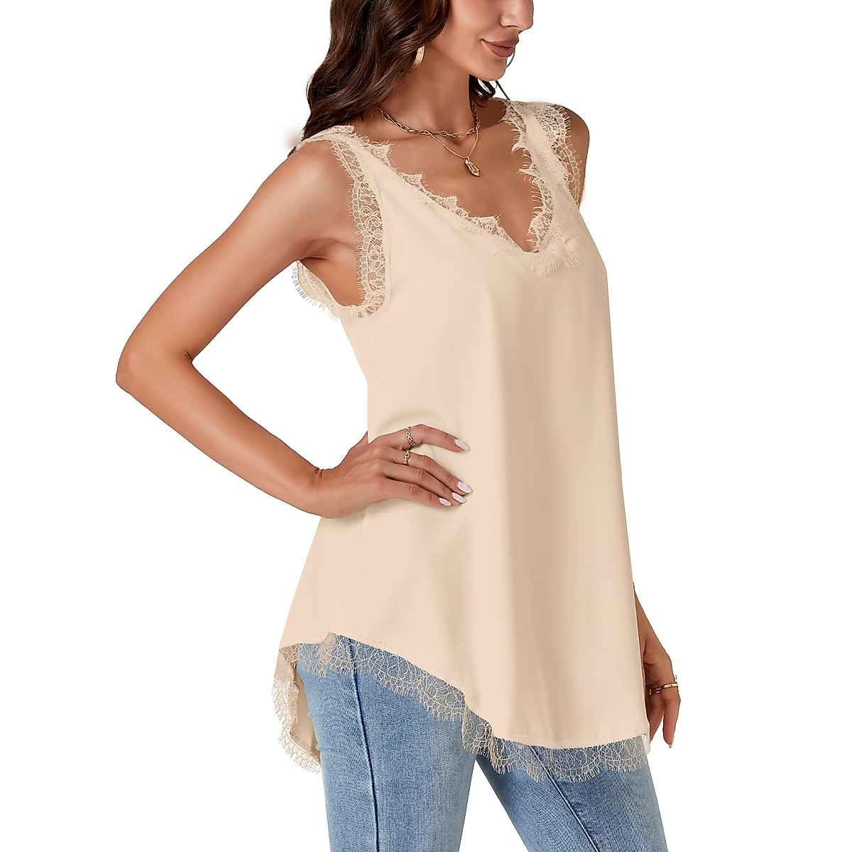 LYANER Women's Summer Sexy V Neck Lace Trim Basic Sleeveless Tank Top Blouse Shirt Beige Medium