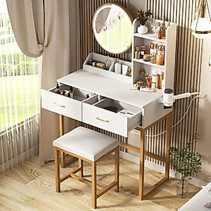Makeup Vanity Desk with Round Mirror and Lights, White Vanity Makeup Table, Small Vanity Table for Bedroom with Lots Storage, 3 Lighting Modes, 31.5in(L)