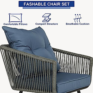 BPTD 3 Piece Outdoor Bistro Set Patio Set Balcony Furniture Outdoor Furniture Rattan Chair Conversation Sets with Side Table for Porch, Backyard, Balcony (DGRY-Navy)