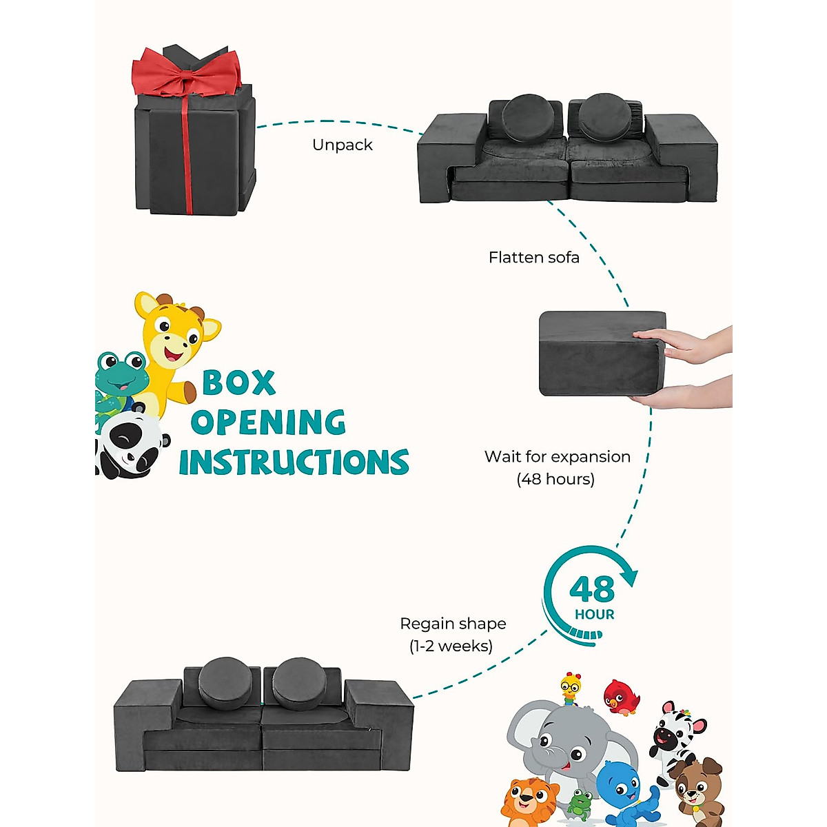 Kidirect Modular Kids Play Couch, K12 320+DIY Convertible Foam Play Couch for Boys & Girls, Versatile Kids Play Couch Building Fort, Child Sectional Kids Sofa Couch for Playroom Bedroom (Space Grey)