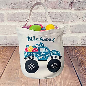 Personalized Easter Baskets for Kids Empty - Bucket for Egg Hunting - Custom Name - Canvas Pail with Handles