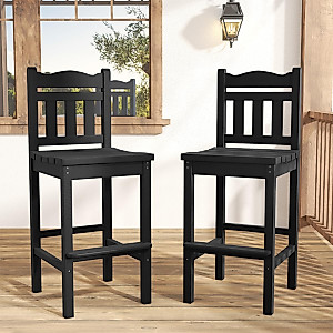 Sundale Outdoor Tall Adirondack Bar Chair Set of 2, HDPE Patio Bar Stools with Backrest, 27.5 Inch Seat Height Tall Bistro Dining Counter Stool, All-Weather Pub Height Chair, Black