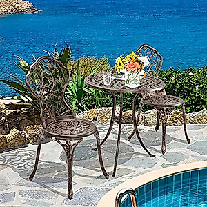 Tangkula 3 Pieces Outdoor Bistro Set, Patio Furniture Set with Rust-Resistant Cast Aluminum Frame, Outdoor Table and Chairs Furniture for Balcony Backyard Garden & Poolside