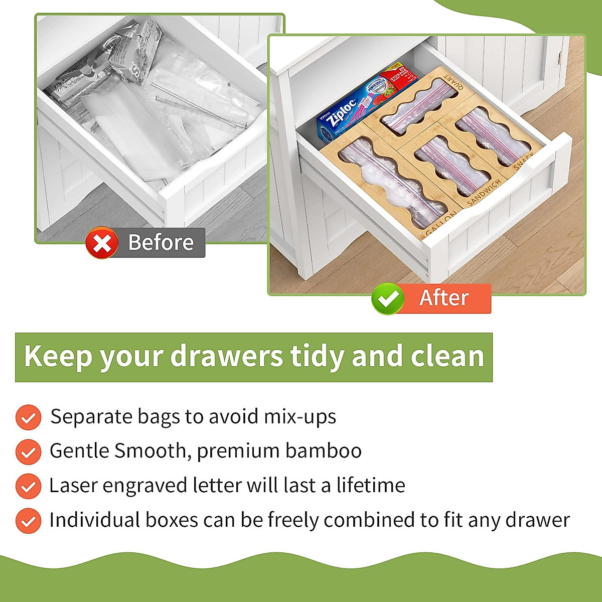 Ziplock Bag Storage Organizer and Dispenser, CAVENLLI 4 Pack Food Storage Bag Holders Compatible with Ziploc, Solimo, Glad, Hefty for Gallon, Quart, Snack, Sandwich, Candy, Variety Size Bags