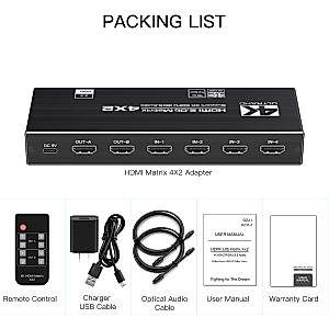 ZPTEK 4K HDMI Matrix Switch 4 X 2,4 in 2 Out Video Switcher Splitter, Optical and LR Audio Outputwith IR Remote Controller,Support 4K@60Hz 3D 18.5Gbps x 3 Data Rate, HDMI 2.0b, HDCP 2.2, MH42-C1