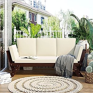 Goohome Outdoor Futon, Outdoor Daybed Cushion Patio Sofa, Adjustable Convertible Wooden Patio Loveseat Sofá Chaise Lounge Sectional Furniture Set, for Balcony, Backyard, Poolside