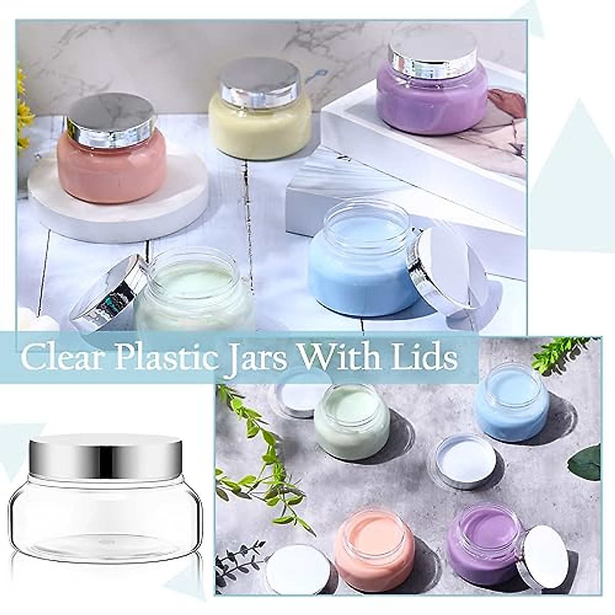 Mumufy 36 Pcs Clear Plastic Jars with Lids Round Plastic Containers Empty Travel Containers for Creams Refillable Cosmetic Jars Containers for Lotions Body Scrub Body Butter (Silver Lid,8 oz)