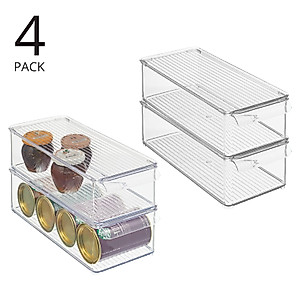 mDesign Slim Plastic Food Storage Container Bin with Lid and Front Handle for Kitchen, Pantry, Cabinet, Fridge and Freezer - Organizer for Snacks, Produce, Vegetables, Pasta, Drinks - 4 Pack, Clear