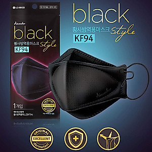 [Airwasher] KF94 Disposable Face Mask - Made in Korea, Black Breathable Reusable Face Mask, Individually Wrapped 4-Ply Adjustable Cloth Masks, 20 Pack
