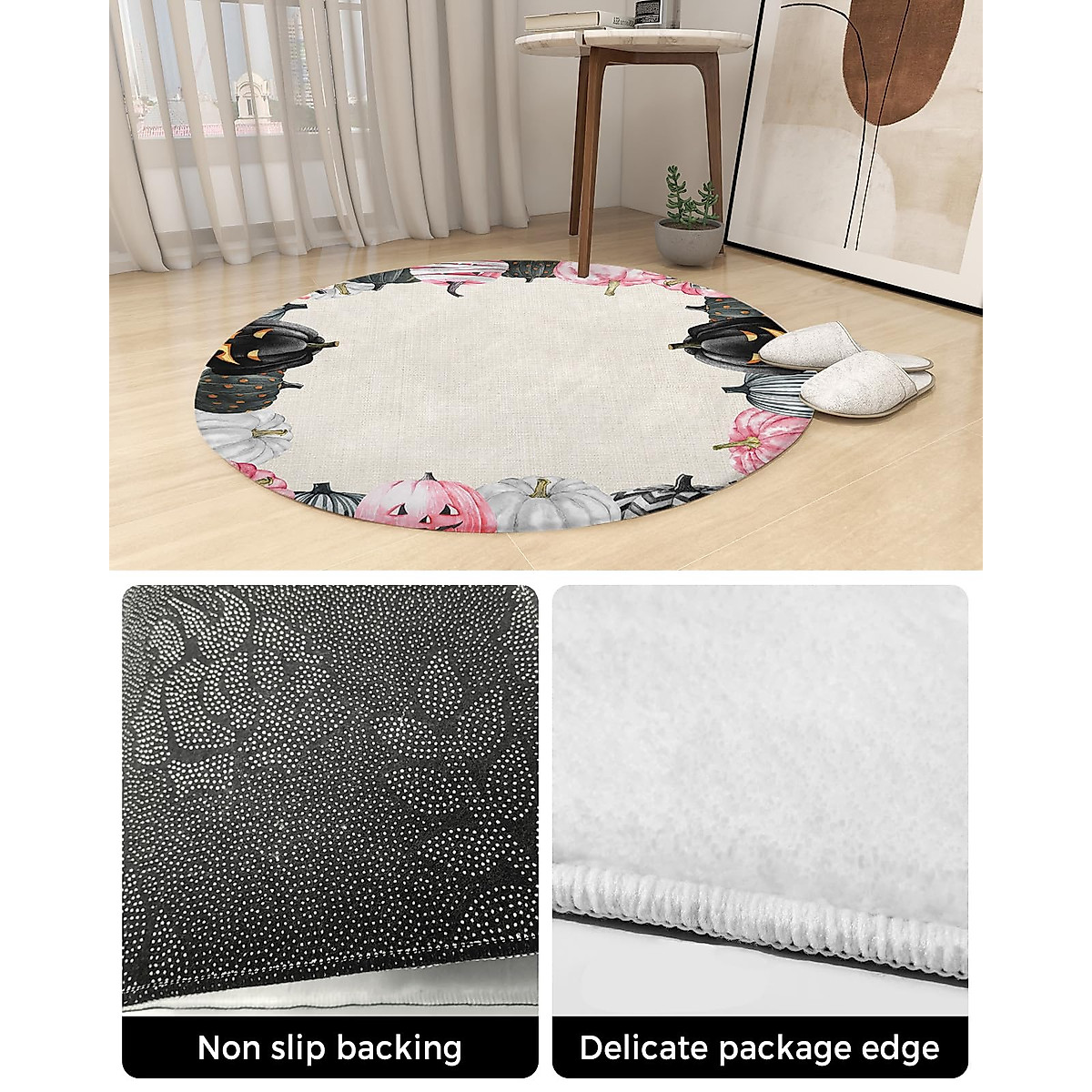 Halloween Fluffy Round Area Rug Carpets 3ft, Plush Shaggy Carpet Soft Circular Rugs, Non-Slip Fuzzy Accent Floor Mat for Living Room Bedroom Nursery Home Decor Pink Black Horror Pumpkin Plaid Dot