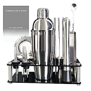 Bartender Kit, 13 Piece Cocktail Shaker Set Stainless Steel Bar Tools with Black Stand, 25 oz Shaker, Jigger, Spoon, Pourers, Muddler, Strainer, Tongs, Recipes