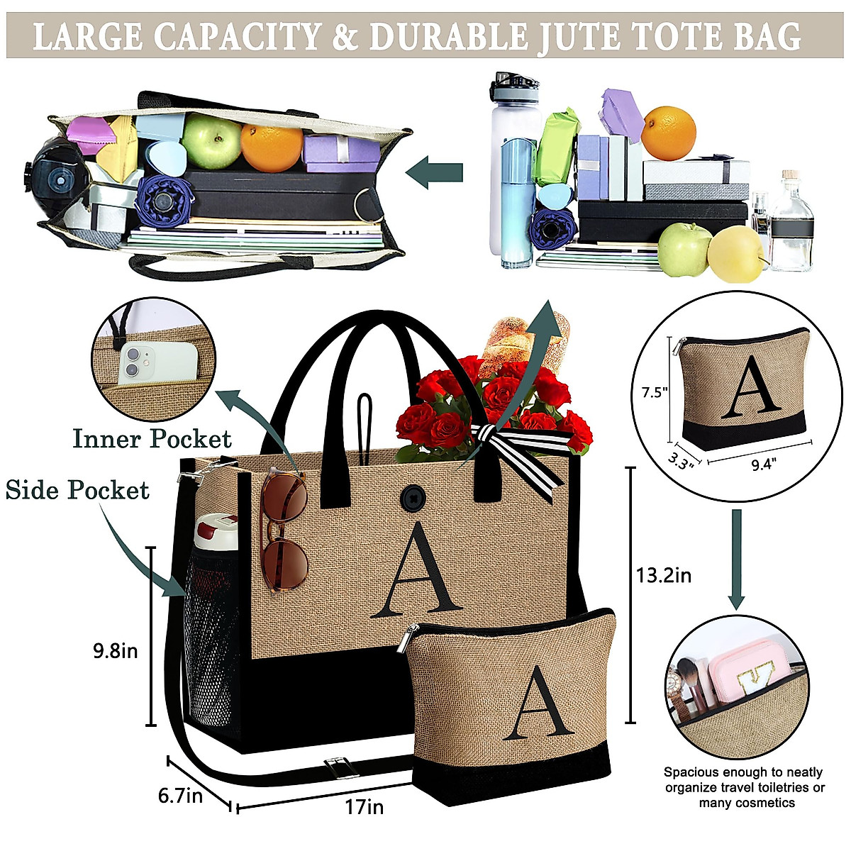 YOOLIFE Initial Jute Tote Bag Gifts for Her - Graduation Gift Beach Tote Bags for Women Teacher Gifts Birthday Wedding Bridesmaid Proposal Gifts Personalized Gifts for Women Friends Gifts Monogram I