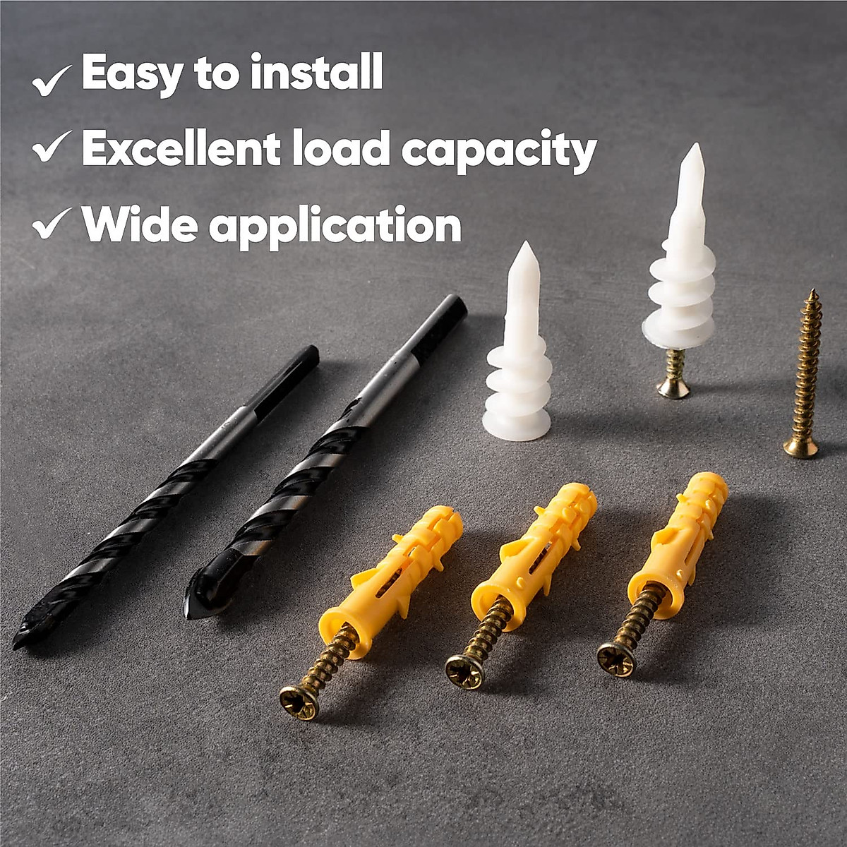 amoolo 106pcs Concrete Anchors and Screws Assortment Kit, for Drywall, Concrete Wall, Tile, Ceramic, Brick, Cinder Block, Etc. with a Magnetic Screwdriver Bit and Masking Tape.