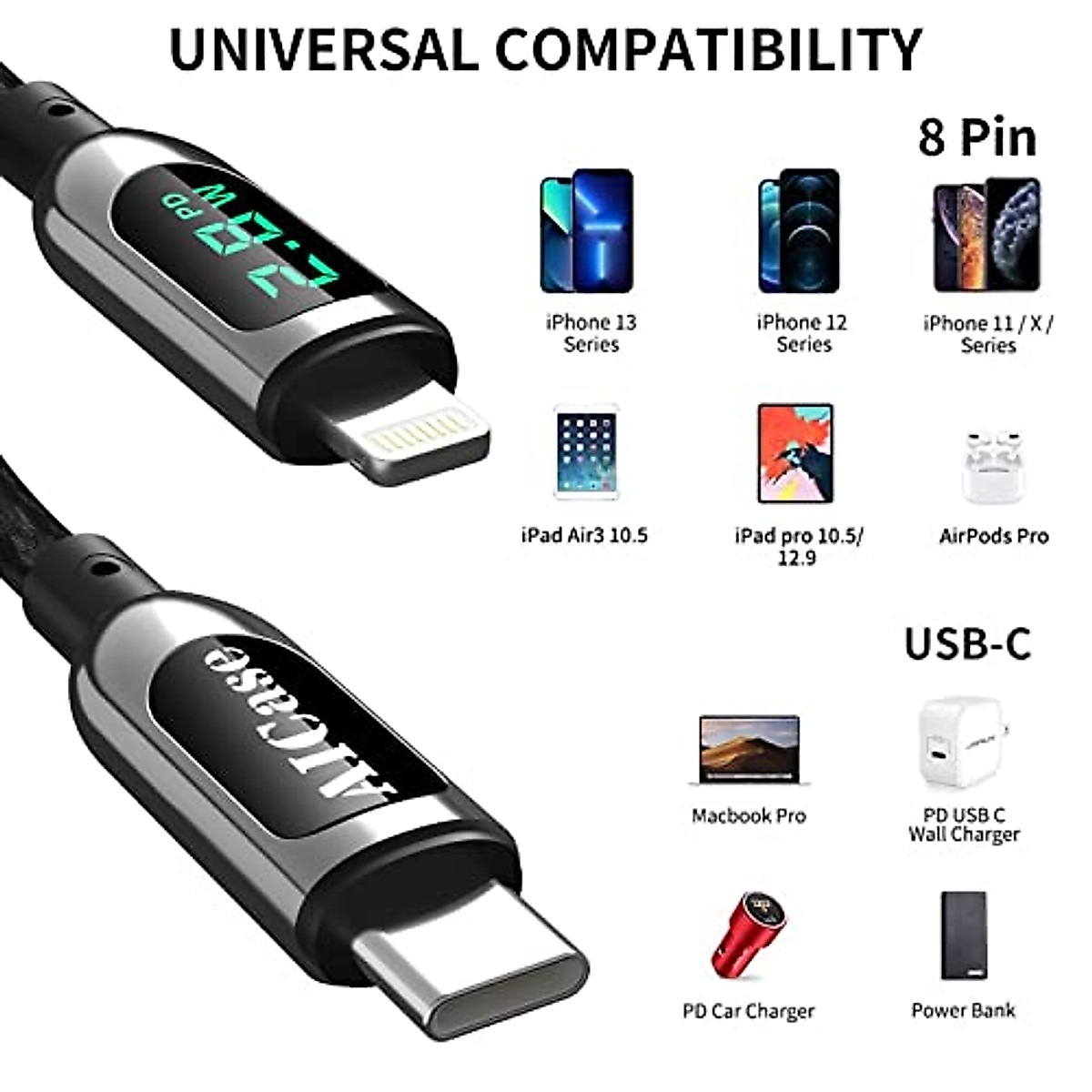 USB C to L ightning Cable, AICase 4FT Charging Syncing Cord with LED Display Compatible with iPhone 13 13 Pro 12 Pro Max 12 11 X XS XR 8 Plus, AirPods Pro, Supports Power Delivery (4ft)