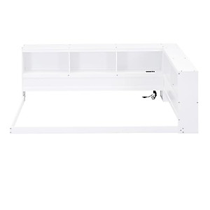 Modern Twin Size Daybed with Storage Cabinets and USB Ports, Wood Platform Bed Frame with L-Shaped Bookcases, Low Floor Bed Daybed for Kids Teens Boys Girls Bedroom (White 078)