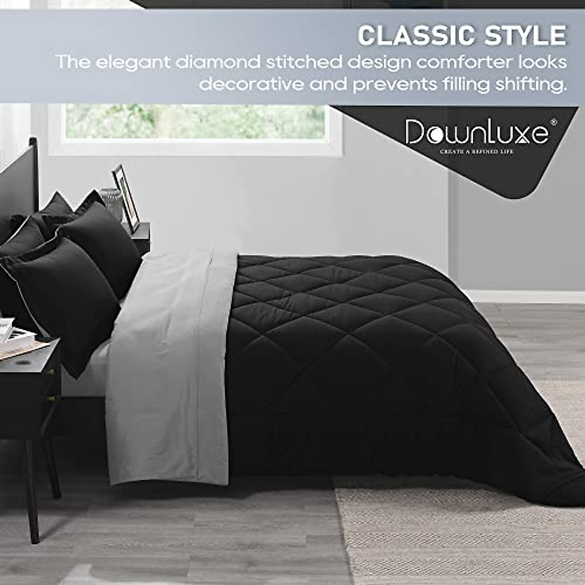 downluxe Bed in a Bag Queen -7 Pieces Queen Comforter Set with Black and Grey Reversible Comforter, Pillow Shams, Flat Sheet, Fitted Sheet and Pillowcases All Seasons Bedding Comforter Sets