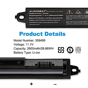 ALSONBAT Replacement Battery for Bose 404600, Soundlink 3/III 359498 33010 330107 330107A 359495 Bose Soundlink Mobile Speaker II, Battery for Bose Soundlink 11.4V 2600mAh/28.86Wh