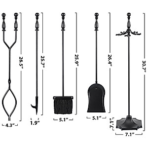 JupiterForce 5 Pieces Fireplace Tools Sets Indoor Outdoor Wrought Iron Large Fire Place Set Tools, Fire Pit Tools with Poker Shovel Tongs Brush and Stand, Black