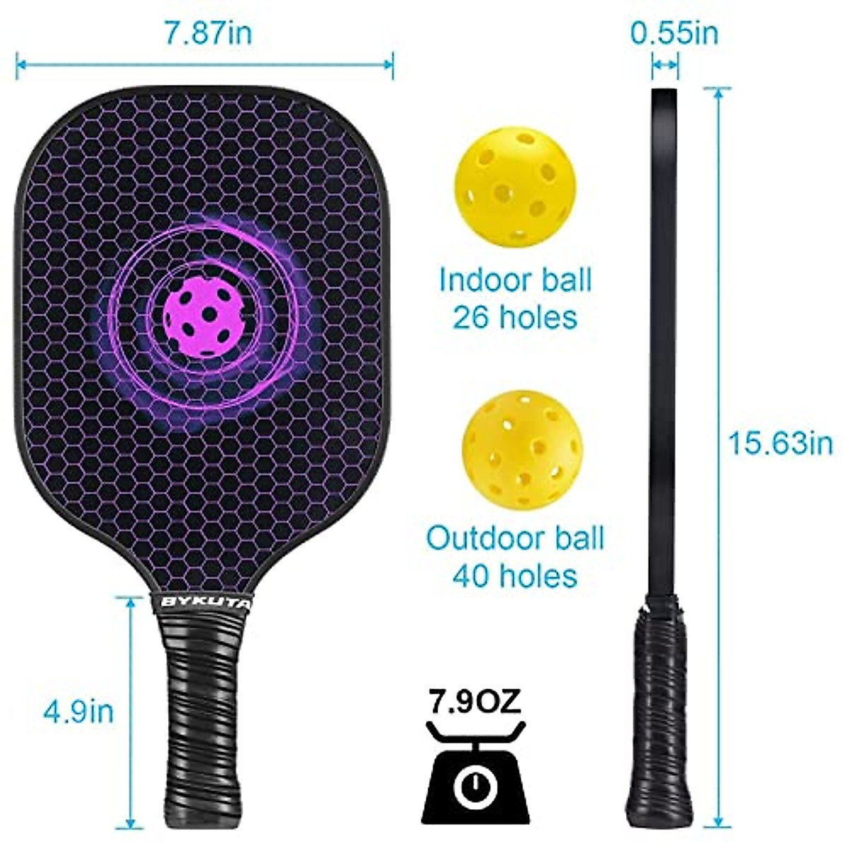 BYKUTA Pickleball Paddles Set of 2, Lightweight Graphite Carbon Fiber Pickleball Paddles, with 4 Outdoor/Indoor Pickle Balls, 1 Portable Carry Bag, Gifts for Men Women