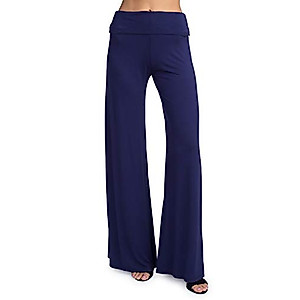 YELETE Women's Fashion Colorful Printed High Waist Fold Over Wide Leg Palazzo Pants (Large, Navy)