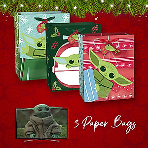 Amscan Star Wars Mandalorian The Child Party Bags 9" | 3 Count Giftbag for Holiday Christmas Gifts Set | Wrapping Presents Supplies & Disposable Decorations