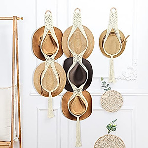 Tondiamo 3 Pieces Boho Hat Hangers Macrame Hat Organizer Wall Hanging Cowboy Hat Rack Decorative Hand Weaving Hat Holder Organizer for Wide Brim and Fedoras Sun Hat Baseball Caps Display, 3 Styles
