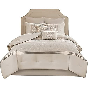 510 DESIGN Luxe Quilted Comforter Set Modern Transitional Design, All Season Down Alternative Warm Bedding Matching Shams, Bedskirt, Decorative Pillow, Queen, Ramsey Damask Neutral