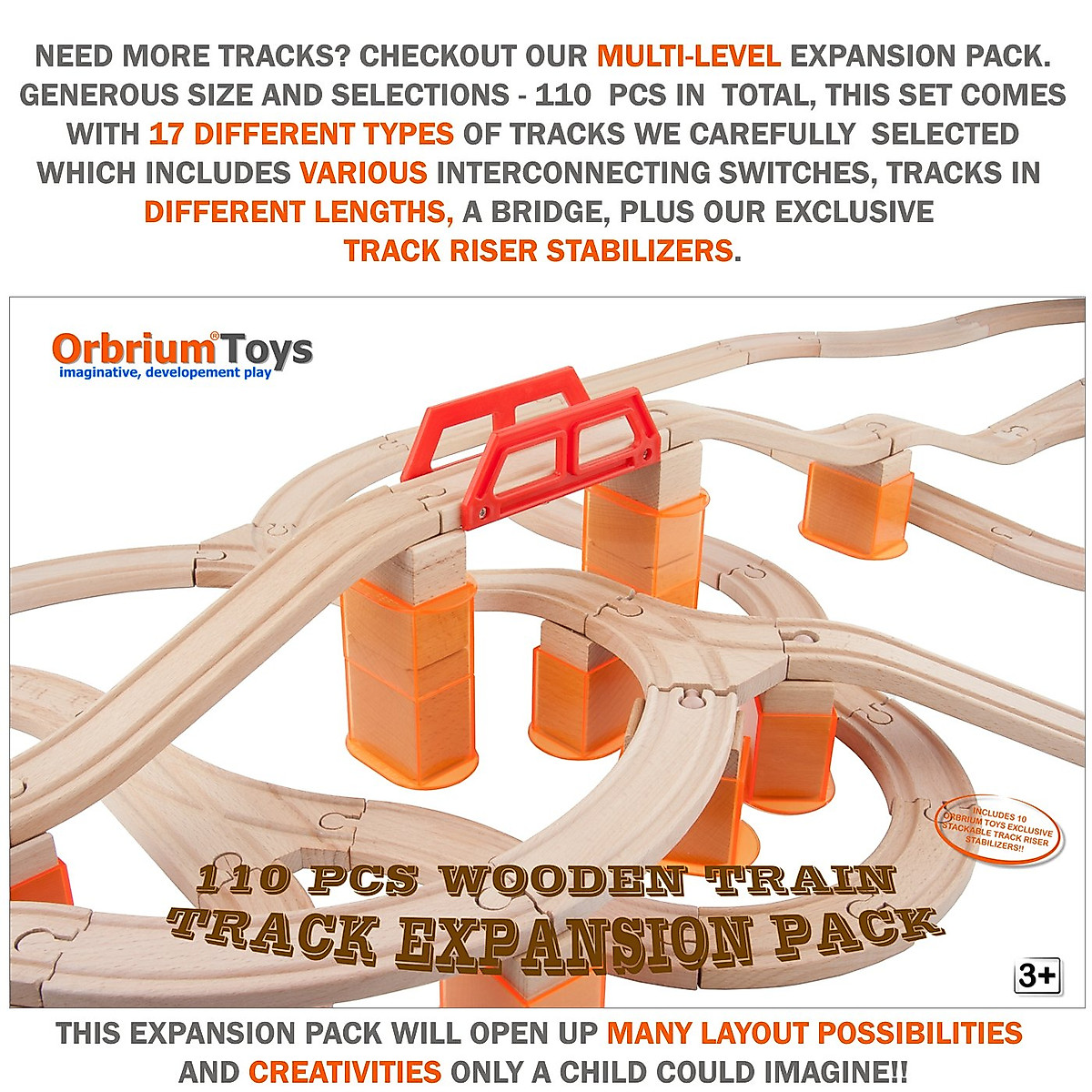 Orbrium Toys 110 Pcs Wooden Train Track Expansion Pack Compatible with Thomas Wooden Train, Brio, Thomas The Tank Engine