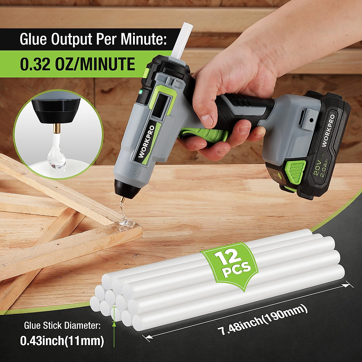 WORKPRO 20V Cordless Hot Melt Glue Gun Kit, 2.0 Ah Li-ion Battery Powered Rechargeable Full Size Hot Glue Gun, 45S Fast Preheating, Heavy Duty Wireless Glue Gun with 12 Pcs Glue Sticks for DIY & Craft