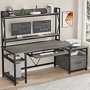 SEDETA Computer Desk, 71" Home Office Desk with Desk Lamp, Office Desk with File Drawer Storage, Keyboard Tray, Monitor Shelf & Hutch, Gaming Desk with Led Lights, Grey