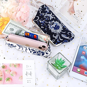 Oyachic 2 Packs Large Floral Coin Purses Canvas Cash Wallet Make Up Cellphone Bag Vintage Change Pouch Key Holder Kiss lock Clasp Clutch