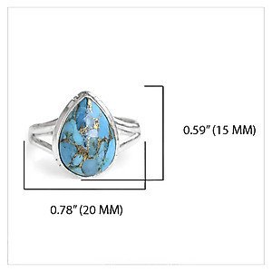 YoTreasure 10x14 MM Blue Copper Turquoise Solid 925 Sterling Silver Teardrop Ring