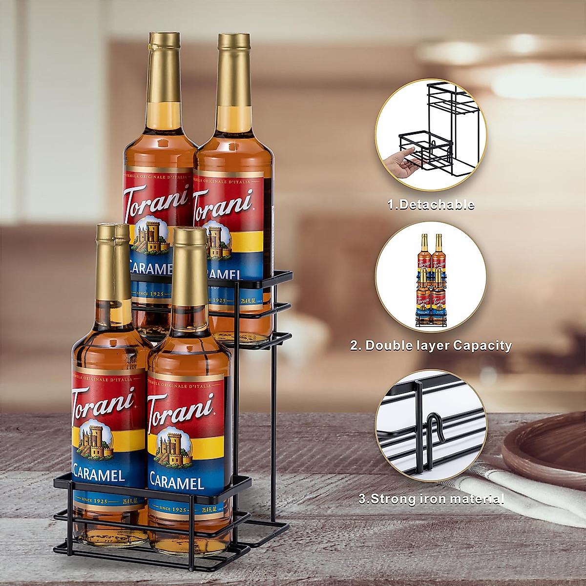 Coffee Syrup Organizer Rack, (4 Bottle Capacity),2 Tier Coffee Syrup holder for Coffee Bar Accessories,Kitchen,Storage for Syrup, Wine, Dressing（Black）
