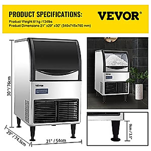 VEVOR Commercial Flake Ice Machine, 132LBS/24H Snow Flake Ice Maker with 66LBS Storage for Seafood Restaurant, Stainless Steel Construction, Quiet Operation, Auto Clean, Air Cooling