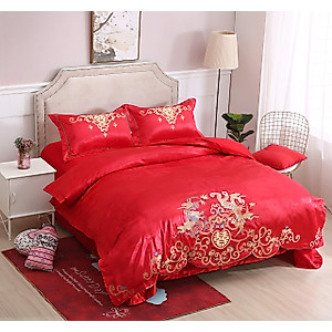 I-MART King Size Chinese Wedding Red Bedding Set, Asian Bedding with Dragon and Phoenix Bird Embroidery Duvet Cover Set of 4
